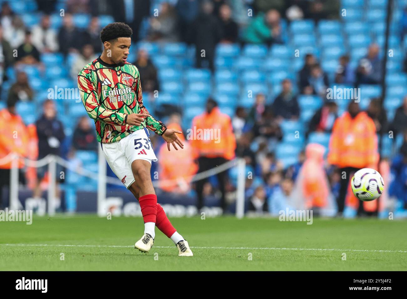 Ethan Nwaneri of Arsenal during the pre-game warmup ahead the Premier ...