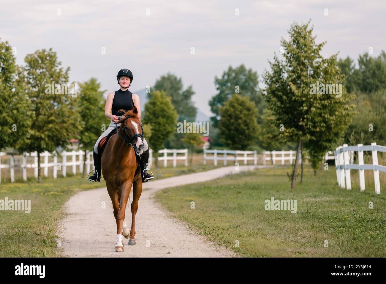 Female rider, horseback riding along the trail that leads between white ...
