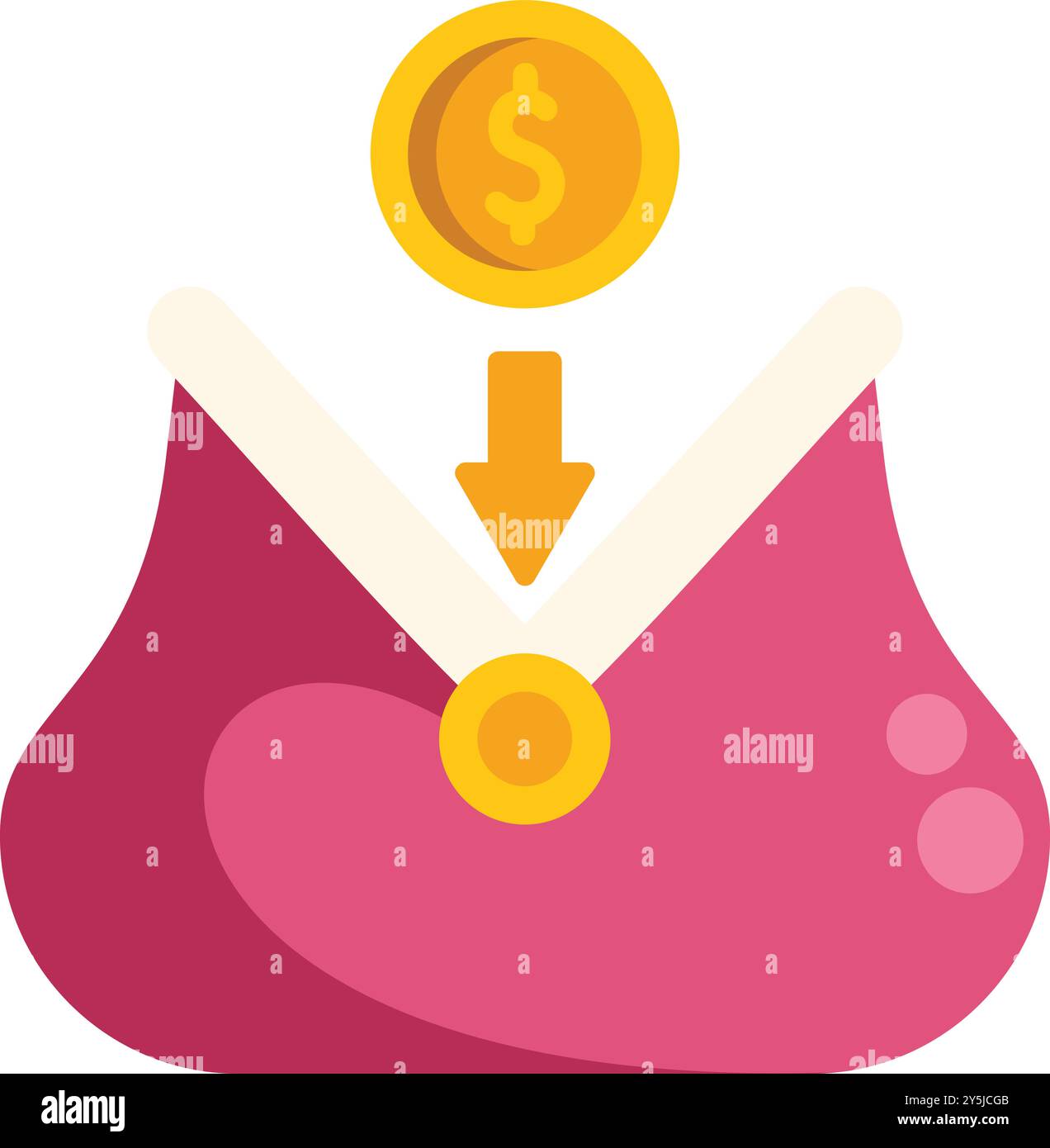 Golden coin falling down into an open pink change purse with a white ...