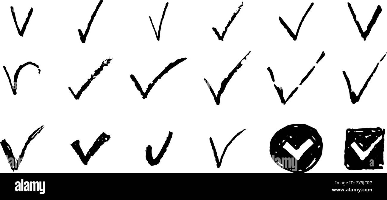 Set of check mark shapes. Black V handdrawn signs collection. Yes ...