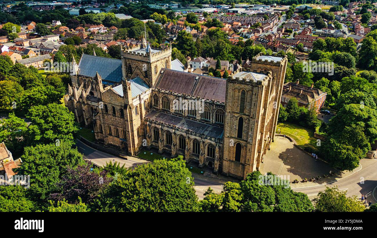 Aerial view of a large historic cathedral surrounded by trees and ...