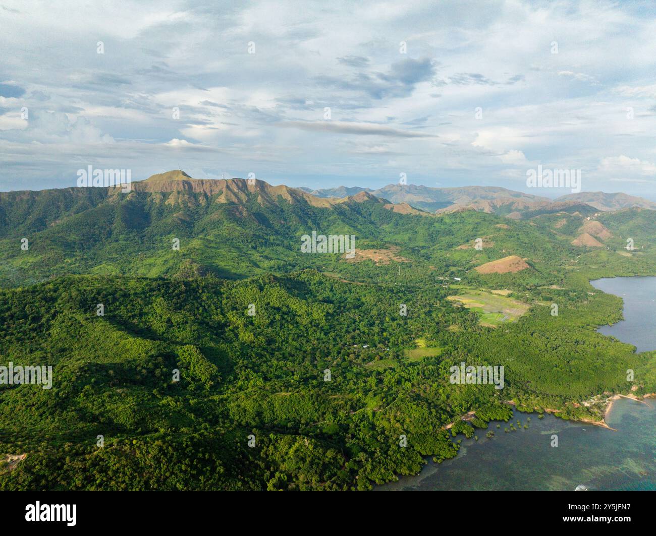 Aerial view of Mountains covered rainforest and trees. Blue sky with ...