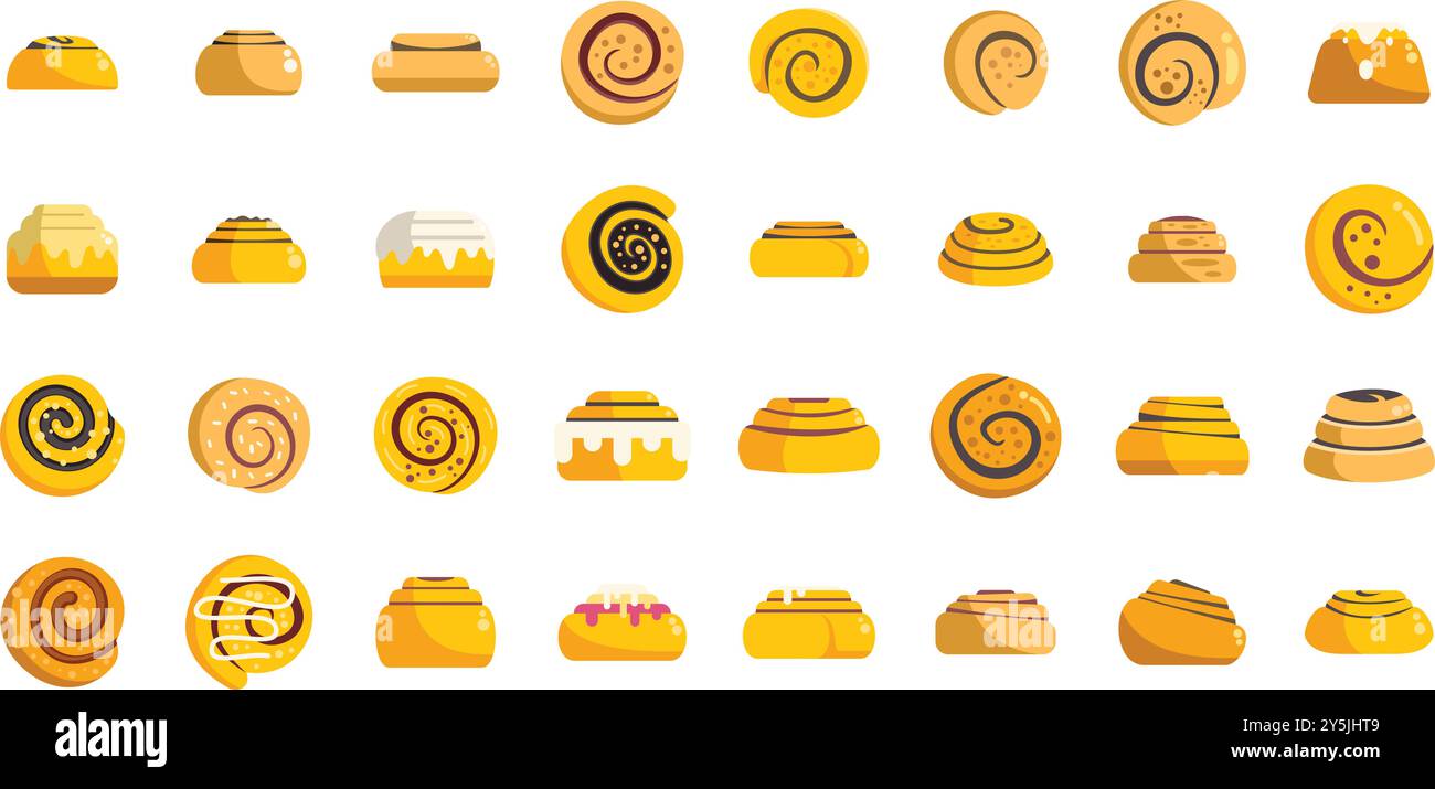 This image is a set of cinnamon roll icons, showing many different ...