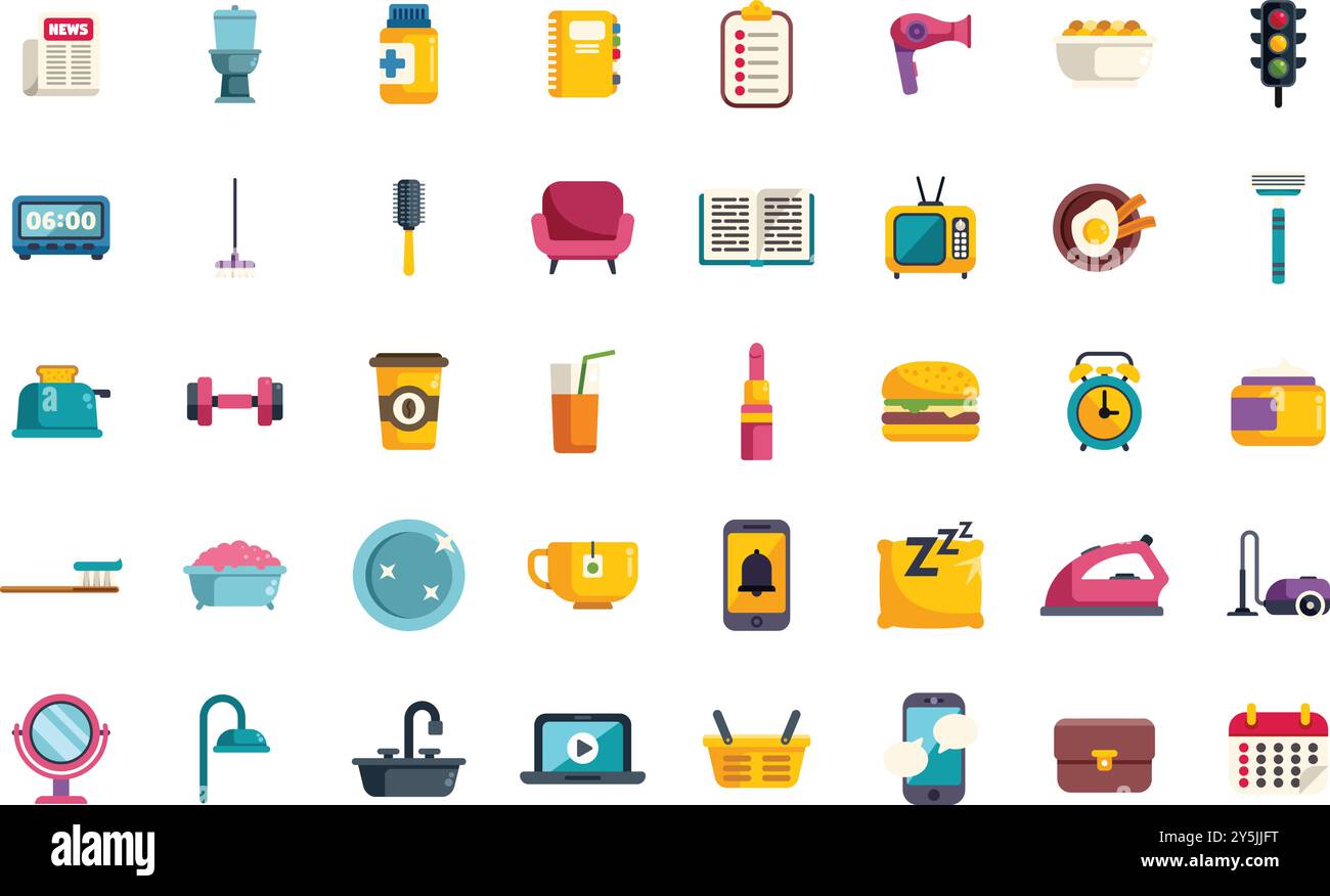 This set of colorful icons is showing daily activities and objects used ...