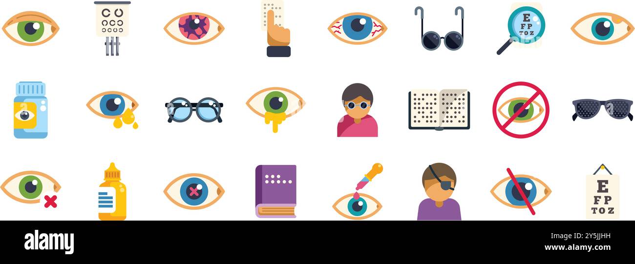 Set of colorful icons representing different aspects of ophthalmology ...