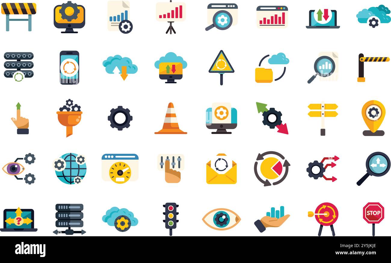 Set of icons depicting workflow optimization, process management ... Set of icons depicting workflow optimization, process management ...