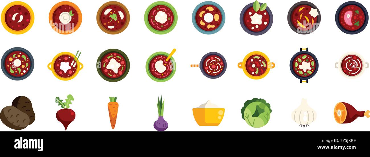 This is a large set of borscht icons, showing different variations and ...