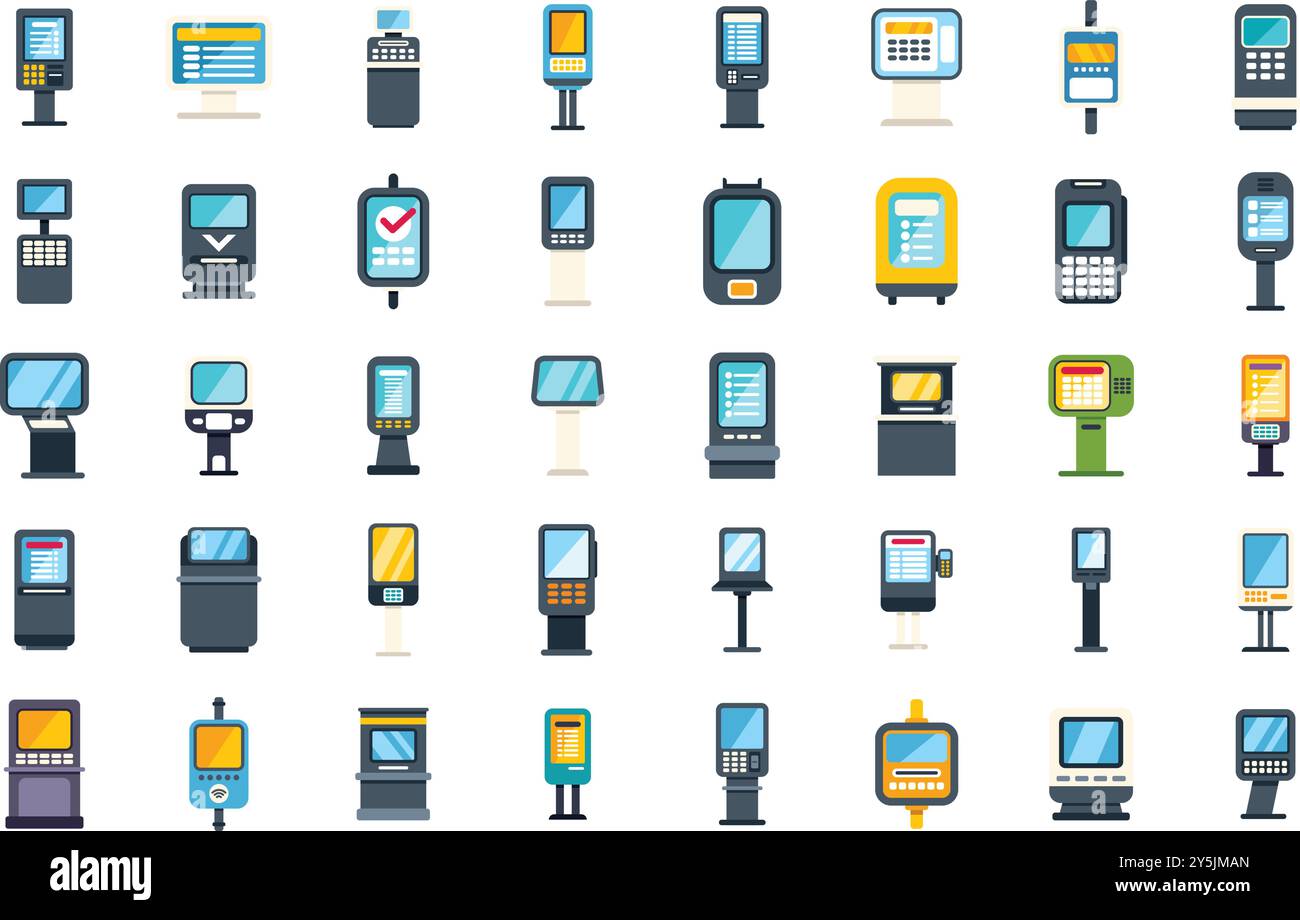 Set of various modern payment terminals showing using process on white ...