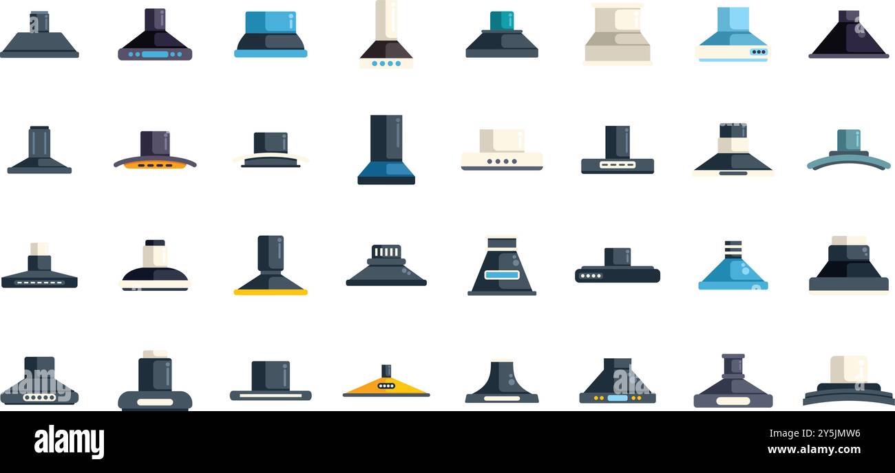 Set of cooker hoods for kitchen extractor fan in flat style showing ...