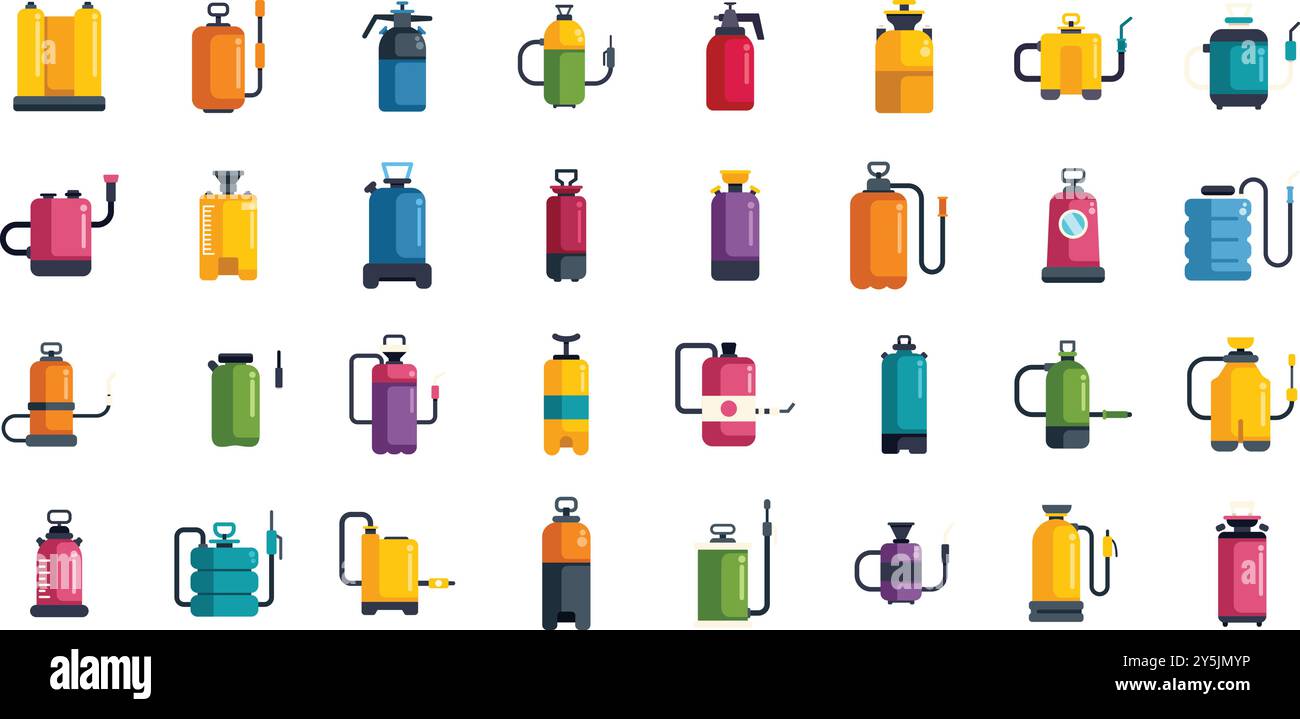 Various pressure vessel icons in modern flat design, spray bottles ...