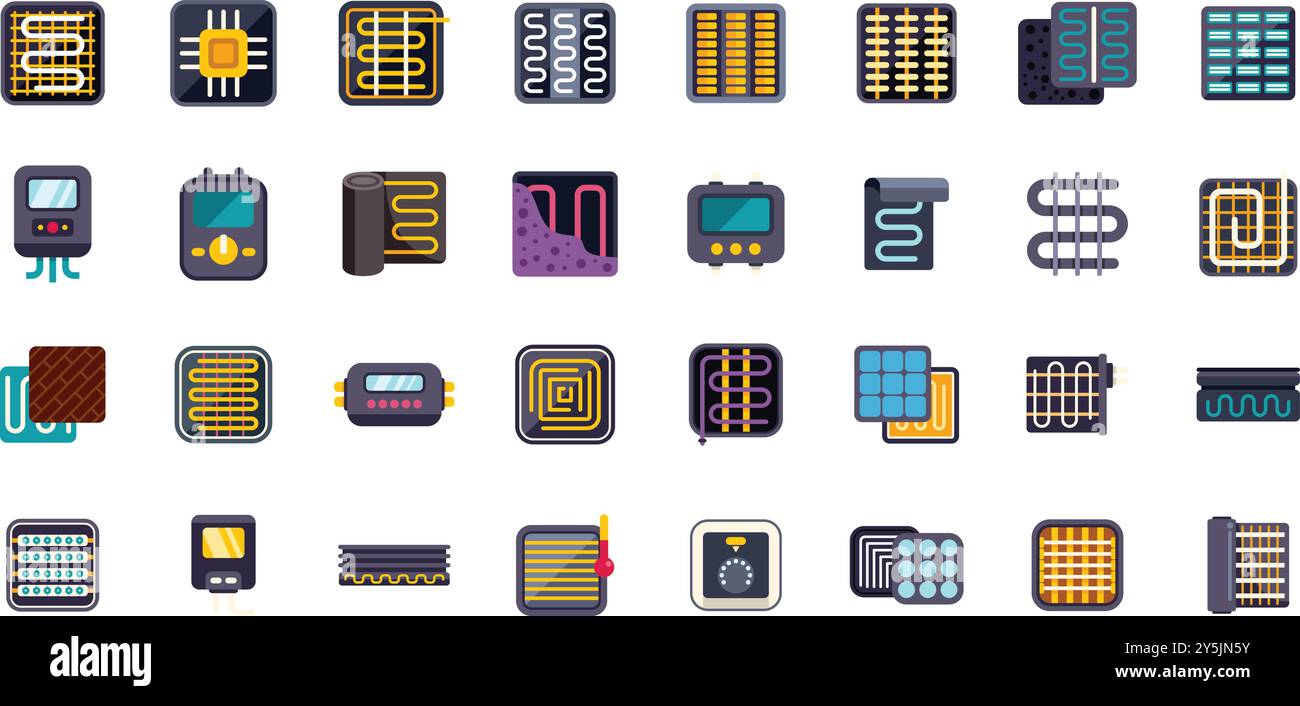 Set of icons representing different systems for heating floor, showing ...