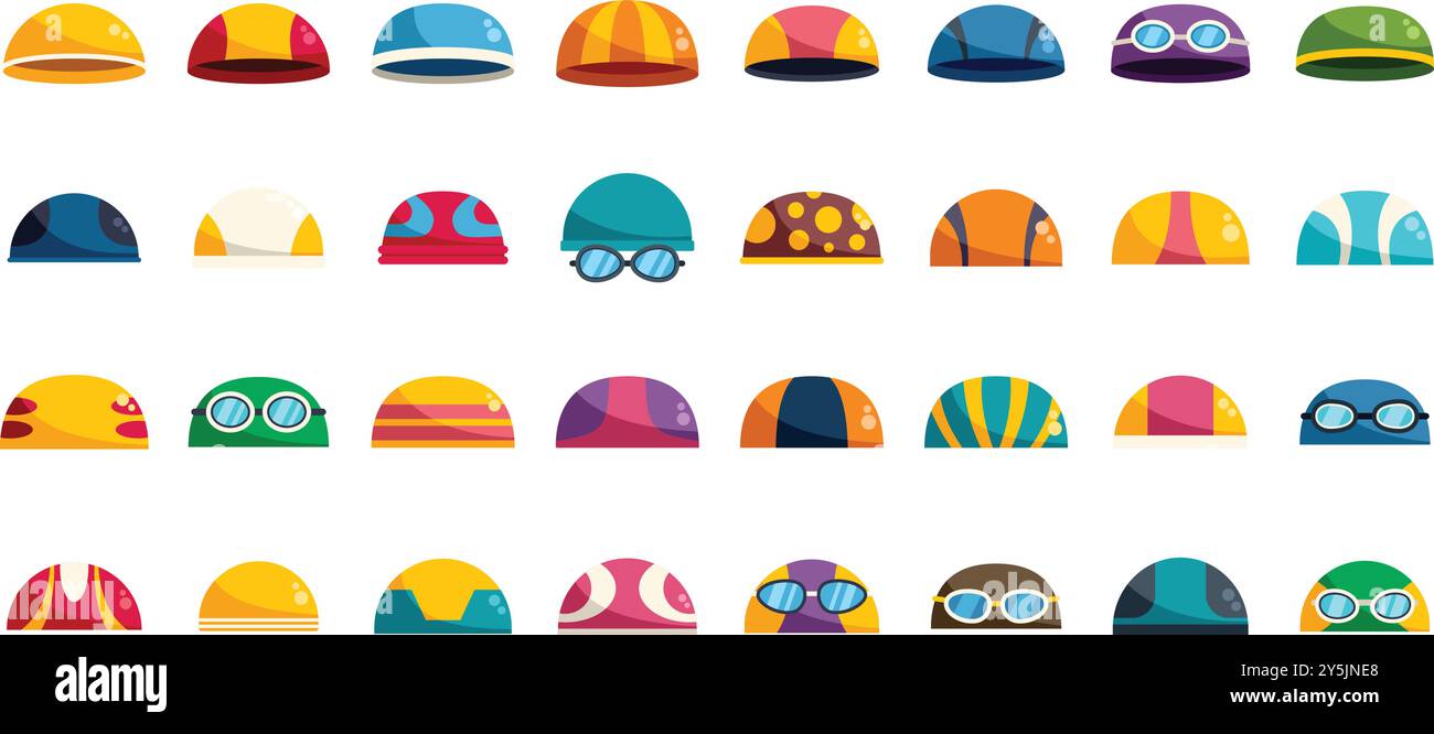 This vector illustration features a variety of swimming caps, perfect ...