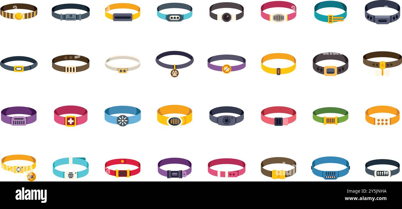 Large set of colorful pet collars for dogs and cats showing different ...