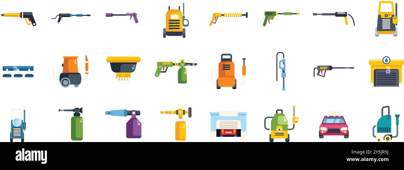 This collection of cleaning equipment icons features a variety of tools ...