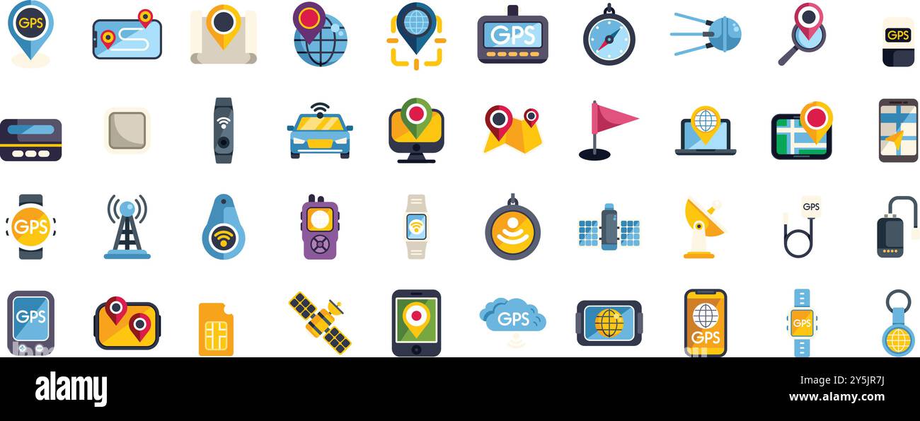 Large set of icons showing various aspects of gps technology including ...