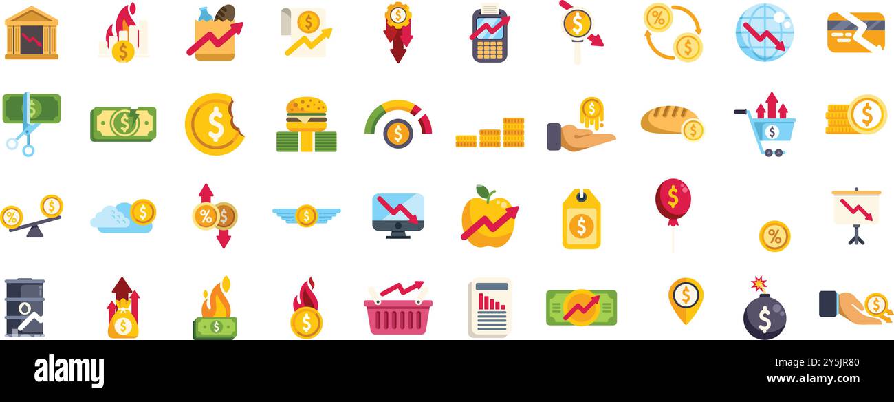 Icons depicting concepts of inflation, representing rising costs and ...