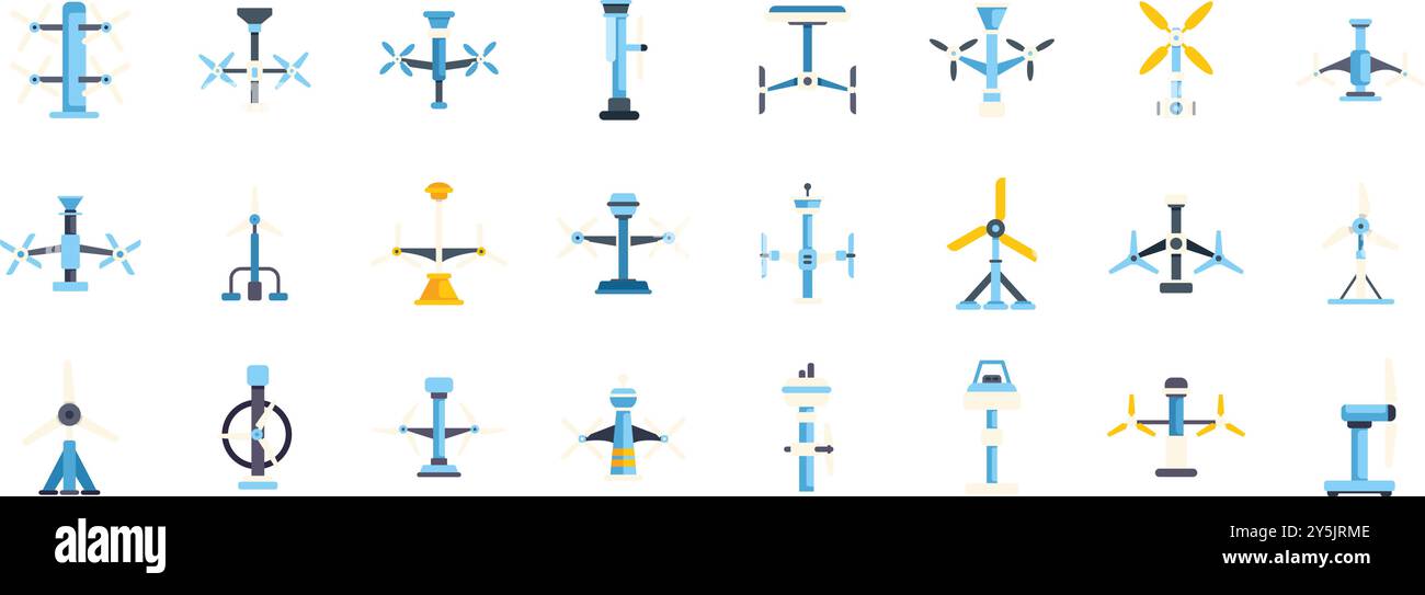 Wind turbine power generation energy technology icons set of different ...