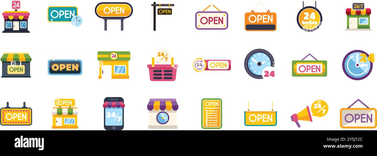 This vector set features various open signs, indicating shop ...