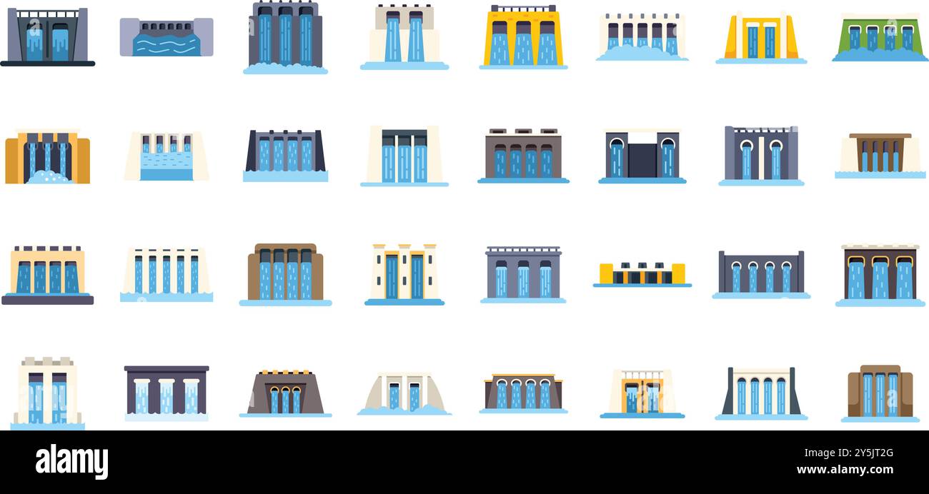 Set of icons depicting various hydroelectric power stations, highlighting the flow of water ...