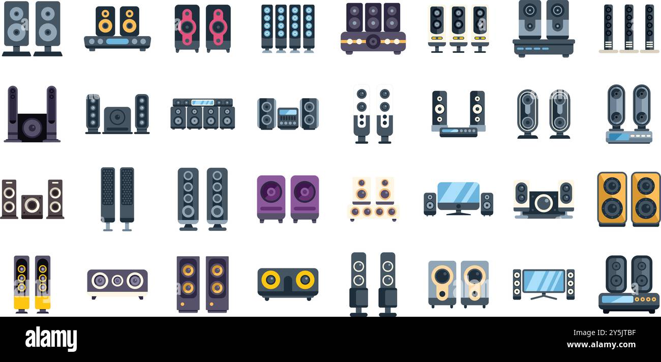 Home cinema sound system playing music icons set vector. Isometric view ...