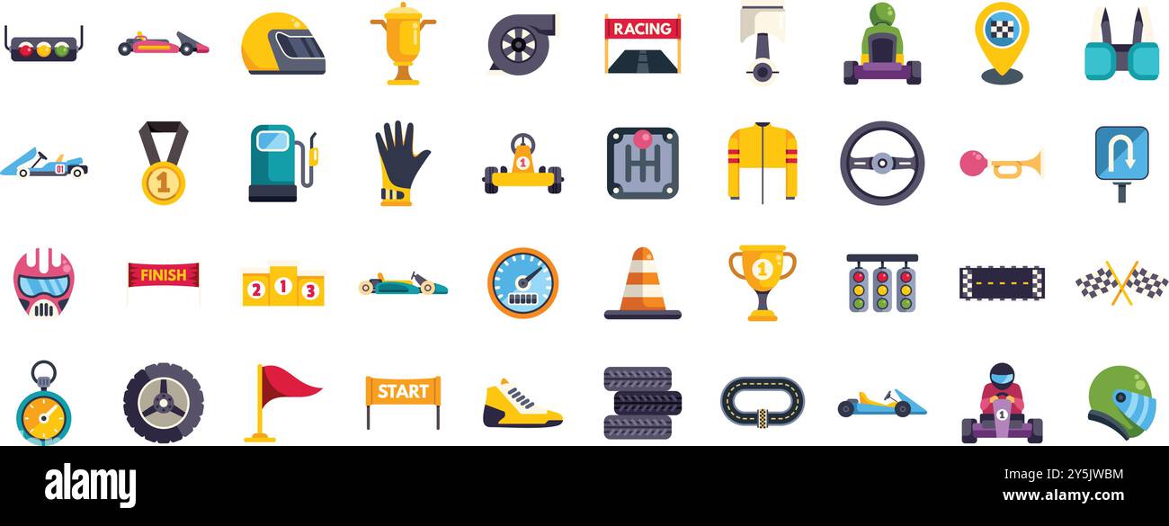 This colorful icon set features various elements related to kart racing ...