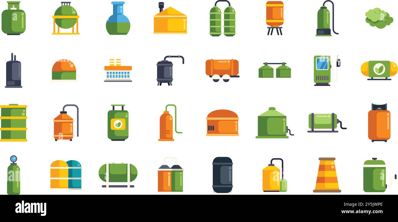 Diverse set of colorful icons depicting gas storage tanks, systems, and ...