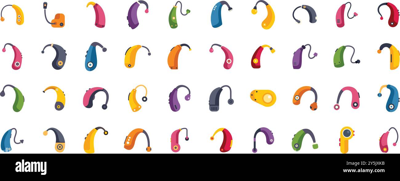 Large set of colorful hearing aid icons showing different models and ...