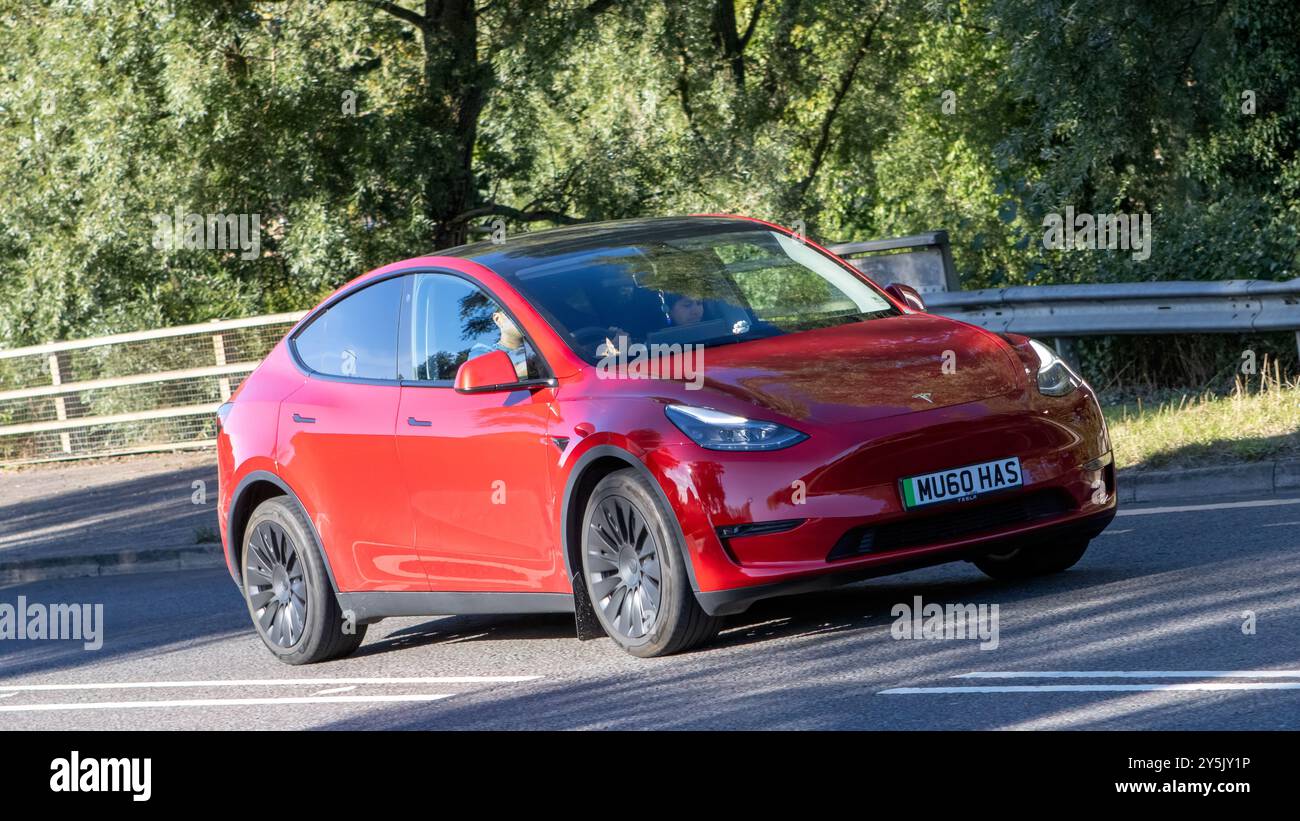 Milton Keynes,UK - Sept 16th 2024: 2022 red TESLA MODEL Y LONG RANGE ...