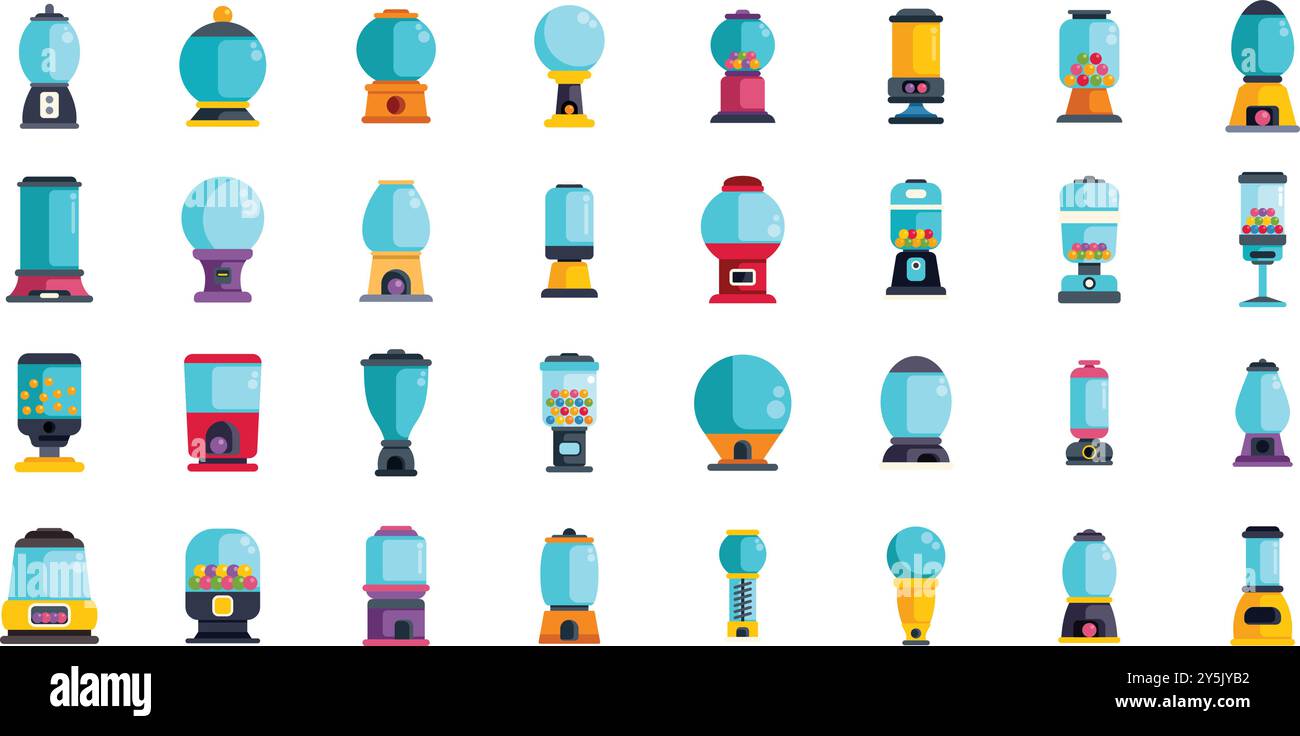 Variety of gumball machines are dispensing colorful candy and toys ...
