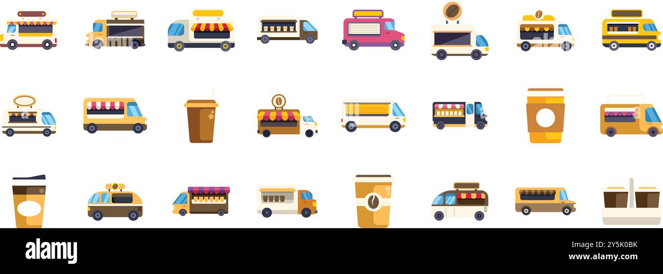 Coffee truck and takeaway coffee cup icon set showing street food ...