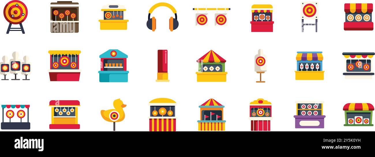 Shooting range icons are shown in a fun and colorful cartoon style ...