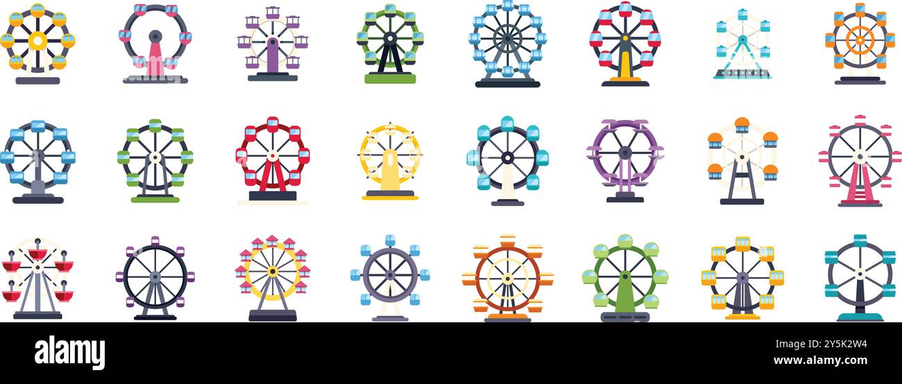 Ferris wheel icons set in flat style showing different types of ...