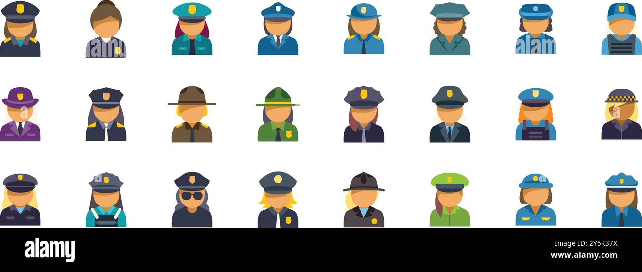 Set of diverse female police officers and security guards wearing ...