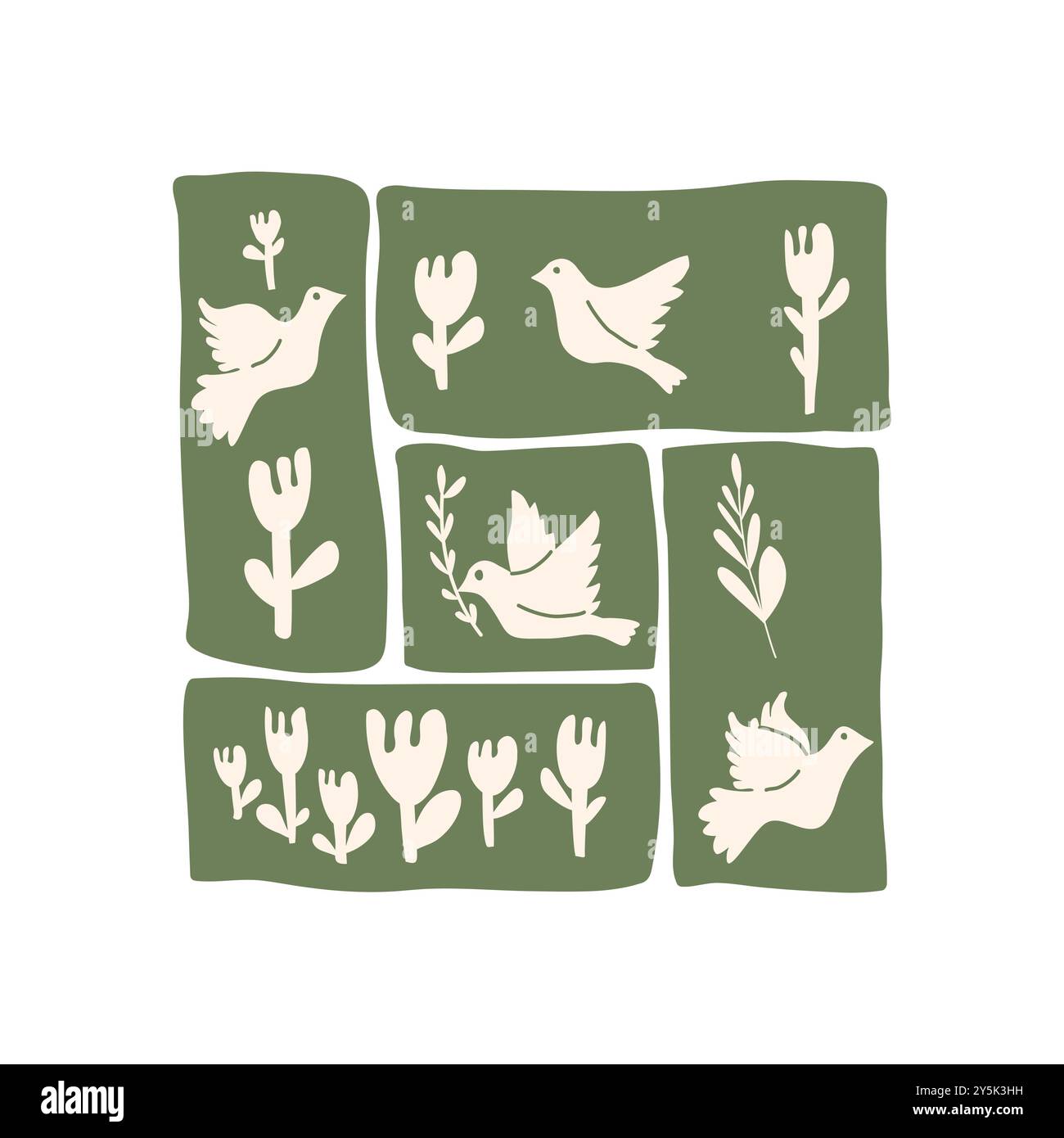 Doves of peace square icon. Flying pigeon holding an olive branch and ...