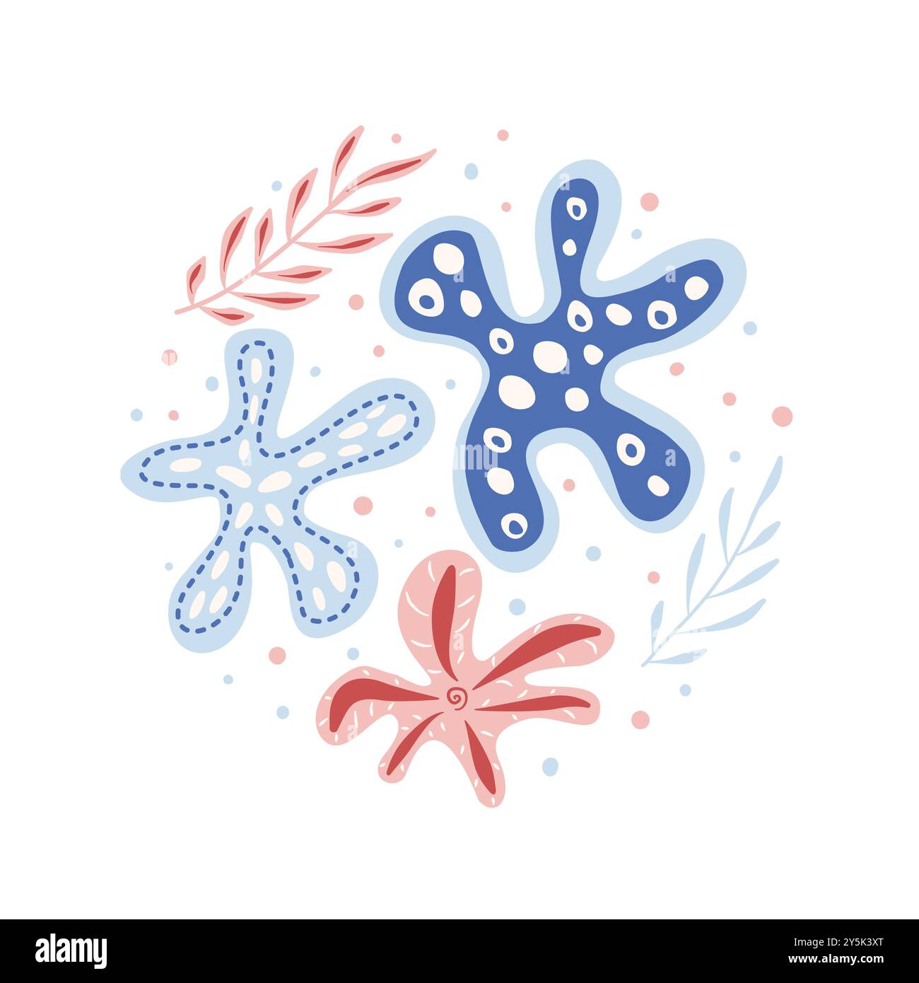 Organic shapes and leaves round emblem. Vector hand drawn flat ...