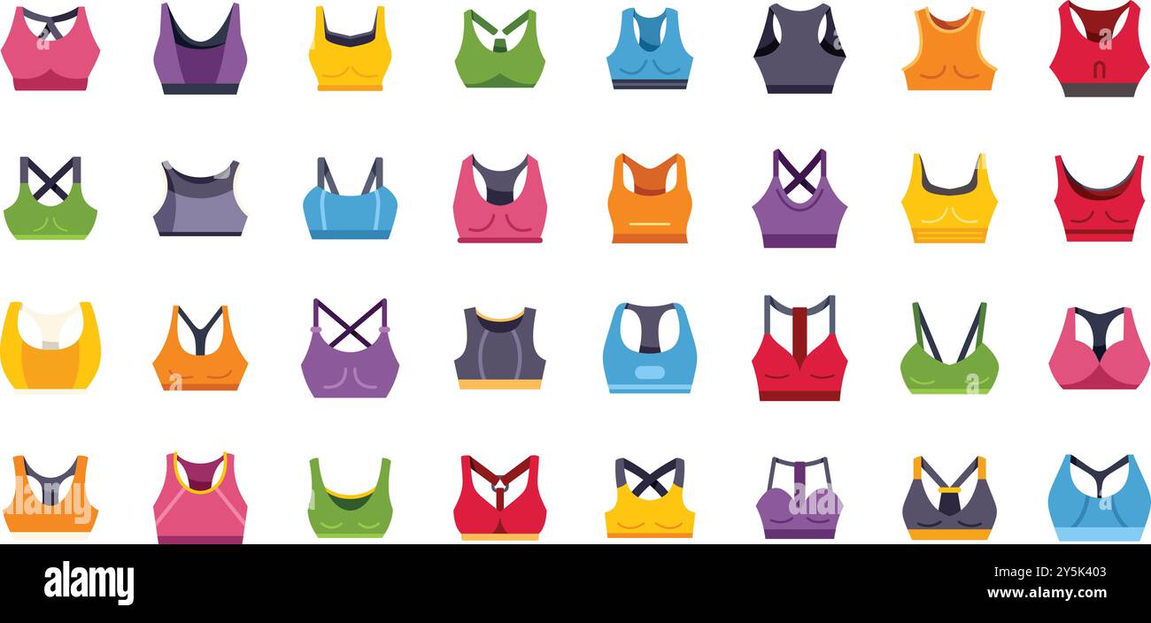 Set of sports bra icons showing different colors and designs for ...