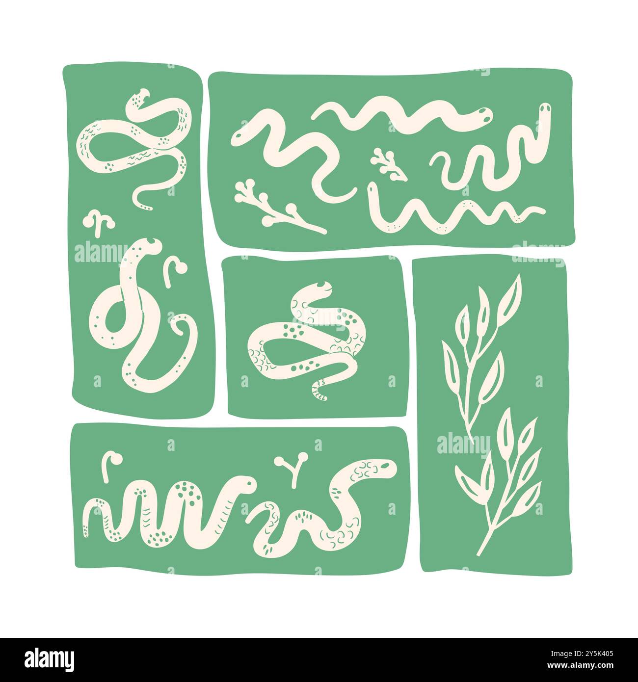 Patchwork green poster with snakes elements arranged in rectangular ...