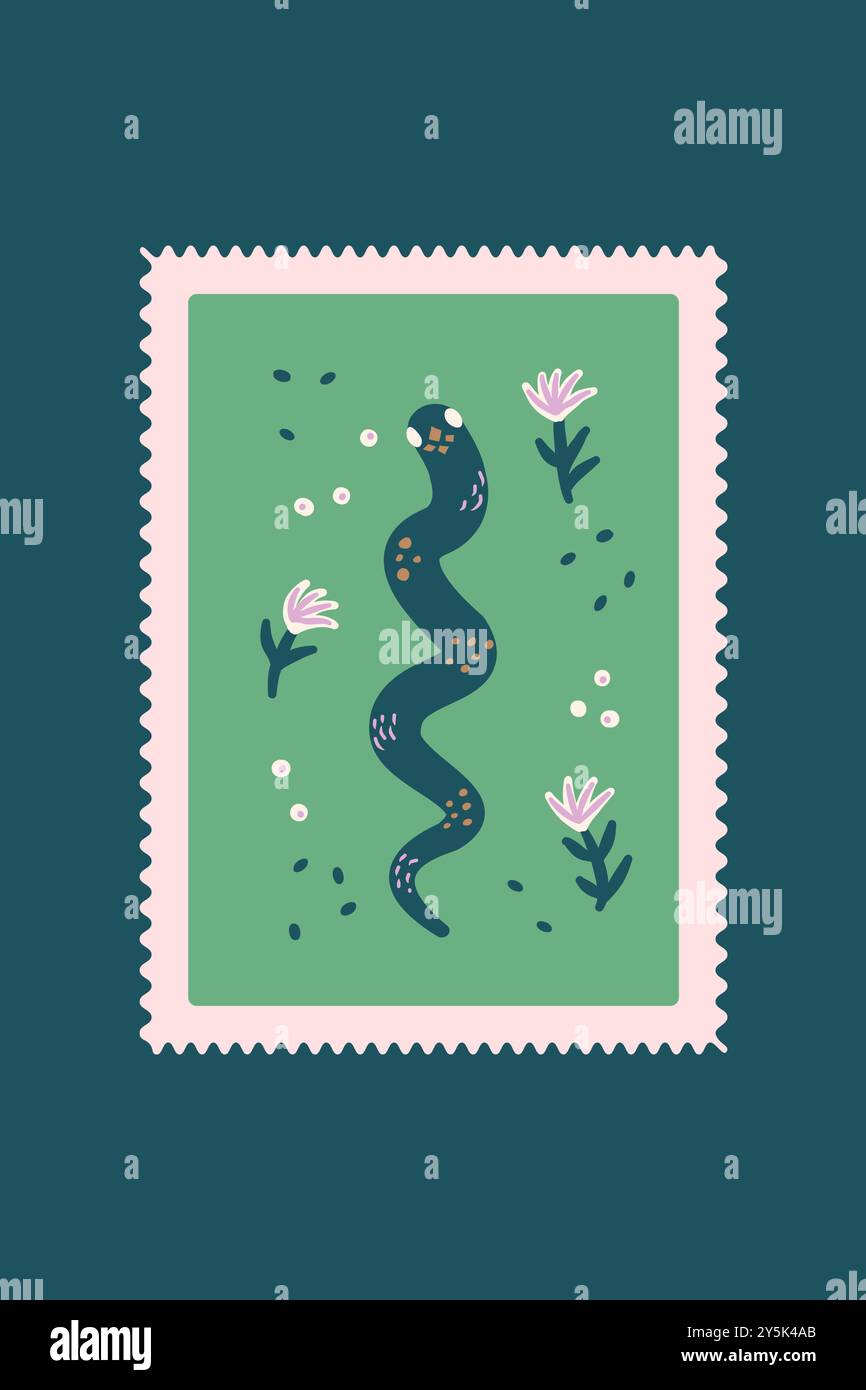 Snake poster. Reptile animals post stamp background. Dark card. Vector ...