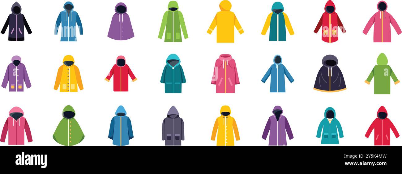 Big set of various colorful raincoats with hood protecting from rain ...