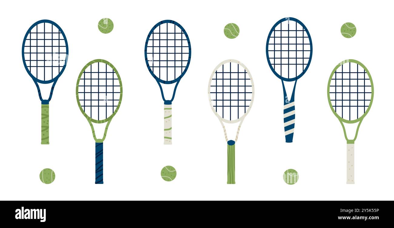 Tennis rackets and balls set isolated on white background. Vector hand ...