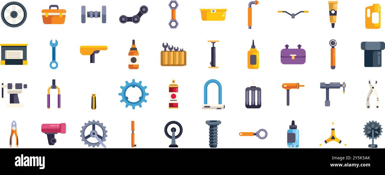 Mechanic fixing bicycle using professional equipment and tools icon set ...