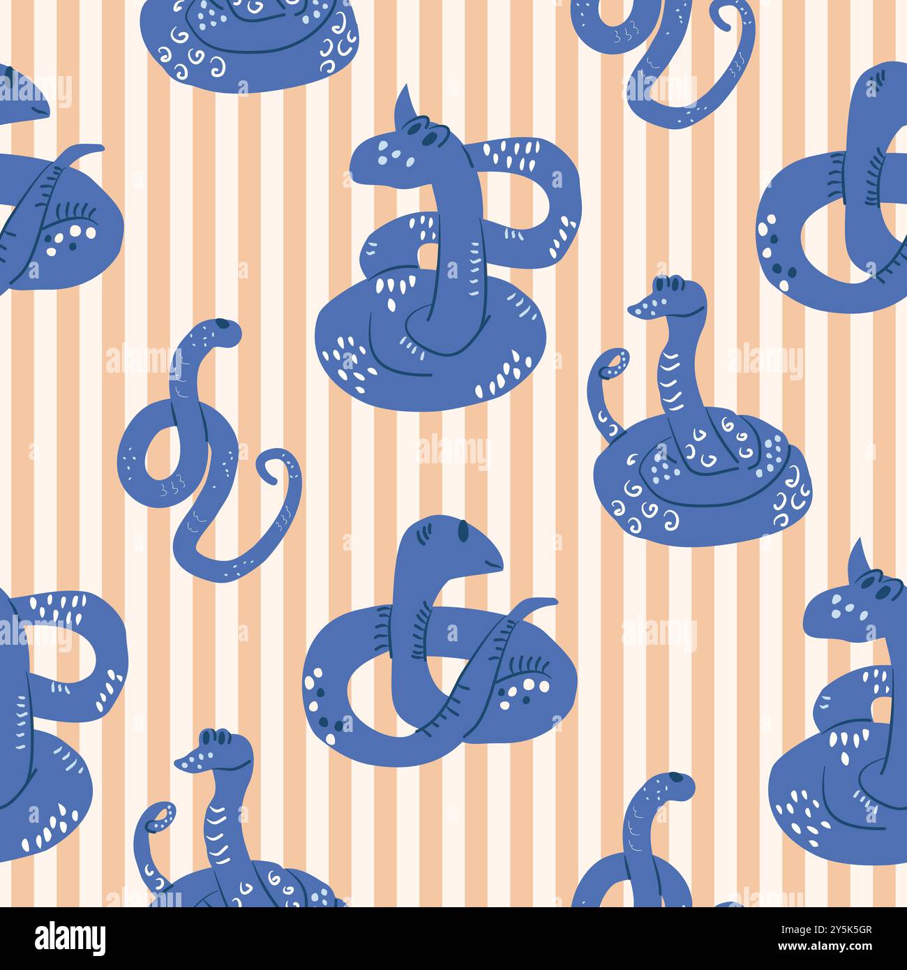 Seamless pattern of playful blue snakes with white accents on a striped ...