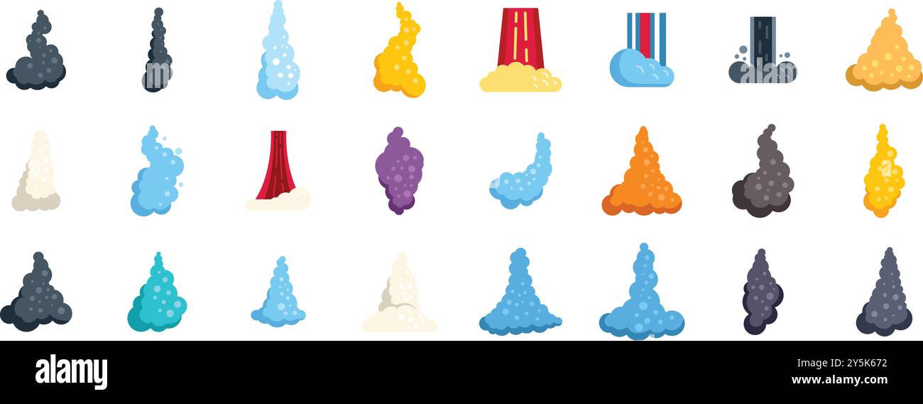 Set of colorful illustrations depicting geysers erupting water and ...