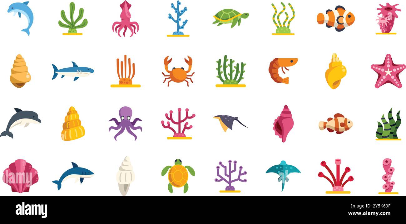 This collection features various forms of colorful sea life swimming and floating peacefully ...