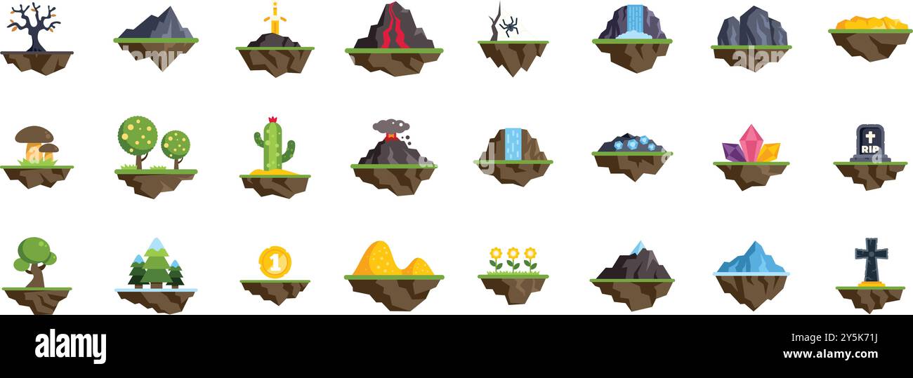 Collection of different flying islands with trees, rocks, volcanoes and ...