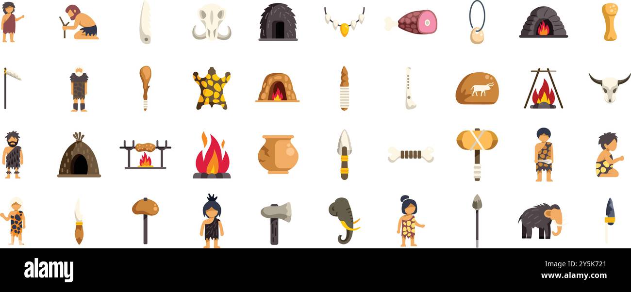 Collection of prehistoric cave people tools and lifestyle objects Stock ...