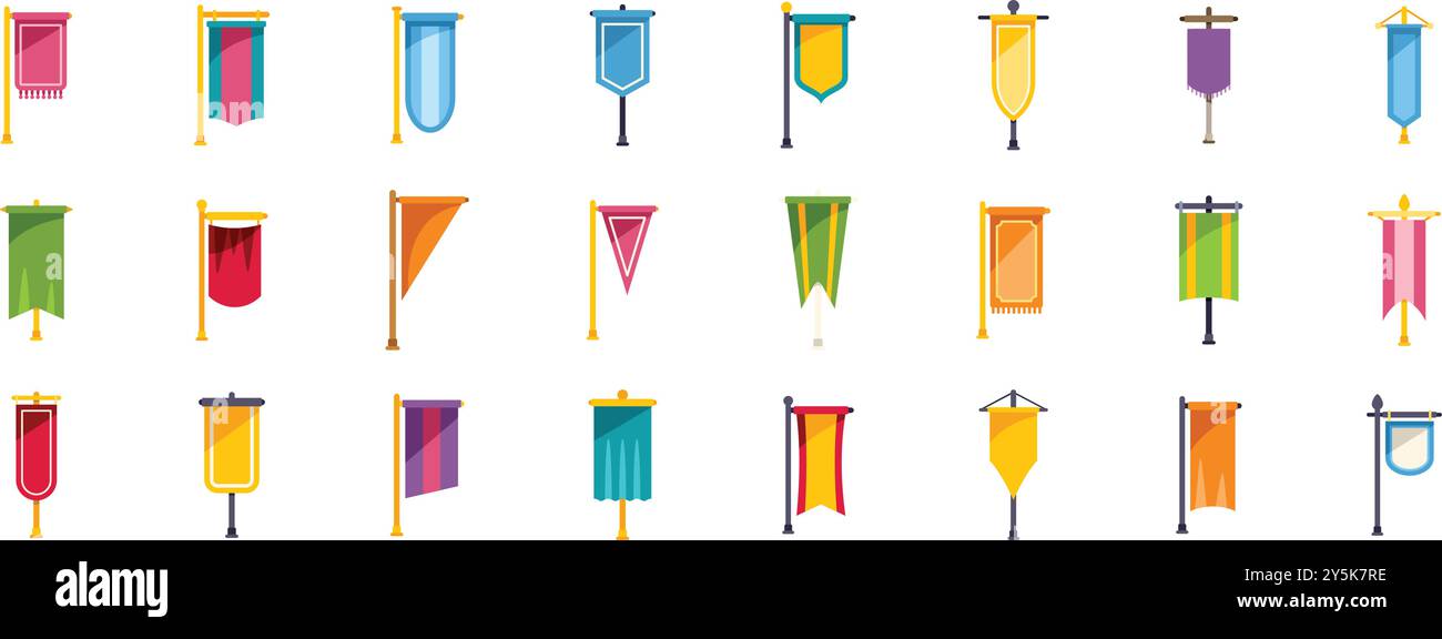 Set of colorful flags in different shapes and sizes hanging from wooden ...
