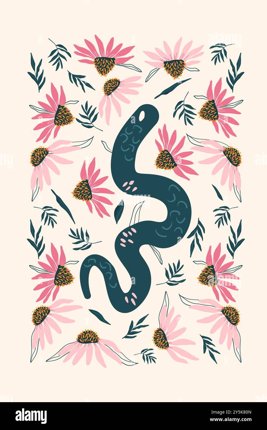 Snakes and pink coneflowers poster. Flowers and reptile animal ...
