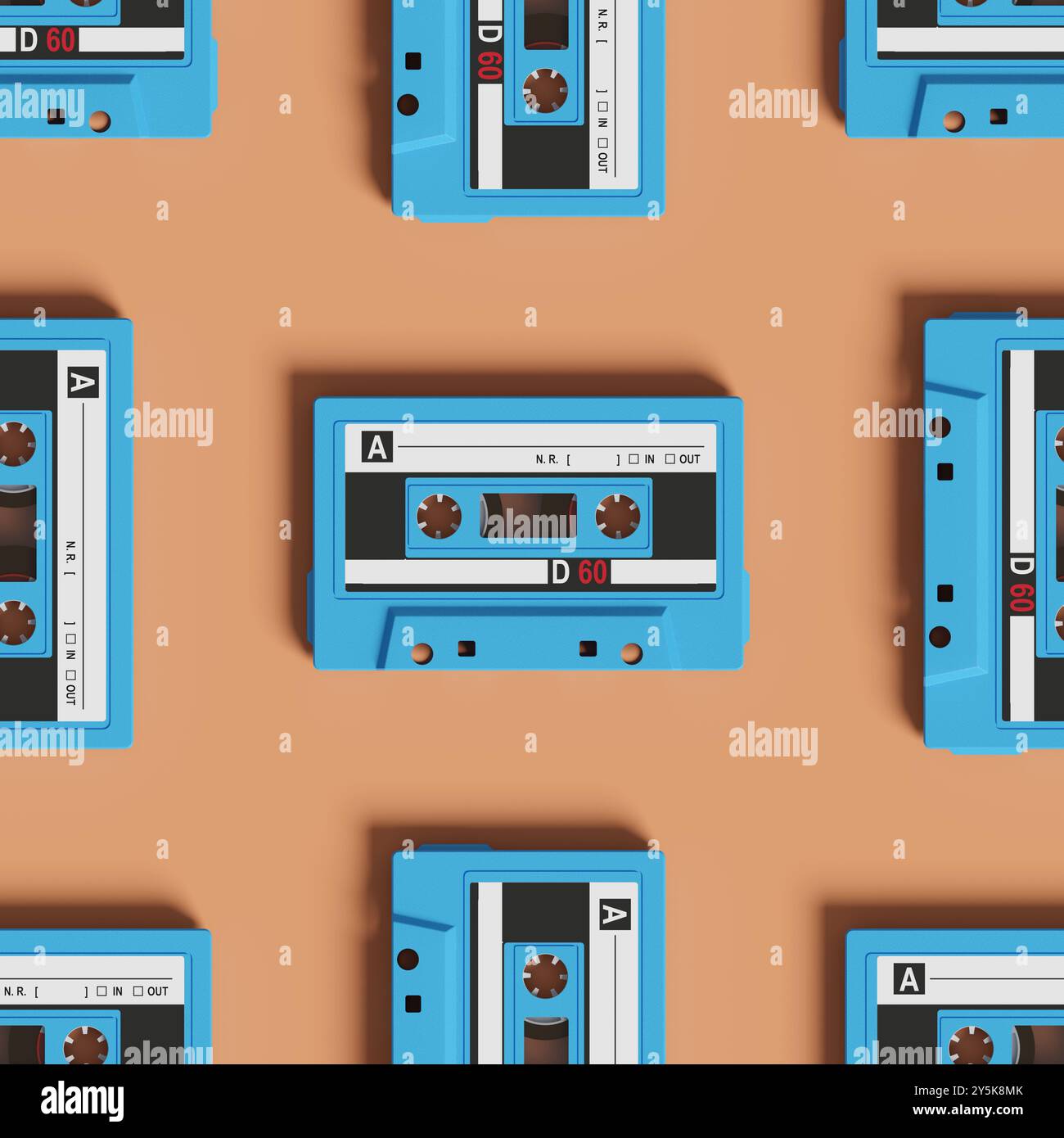 Seamless pattern of blue cassettes on orange background. 3d ...