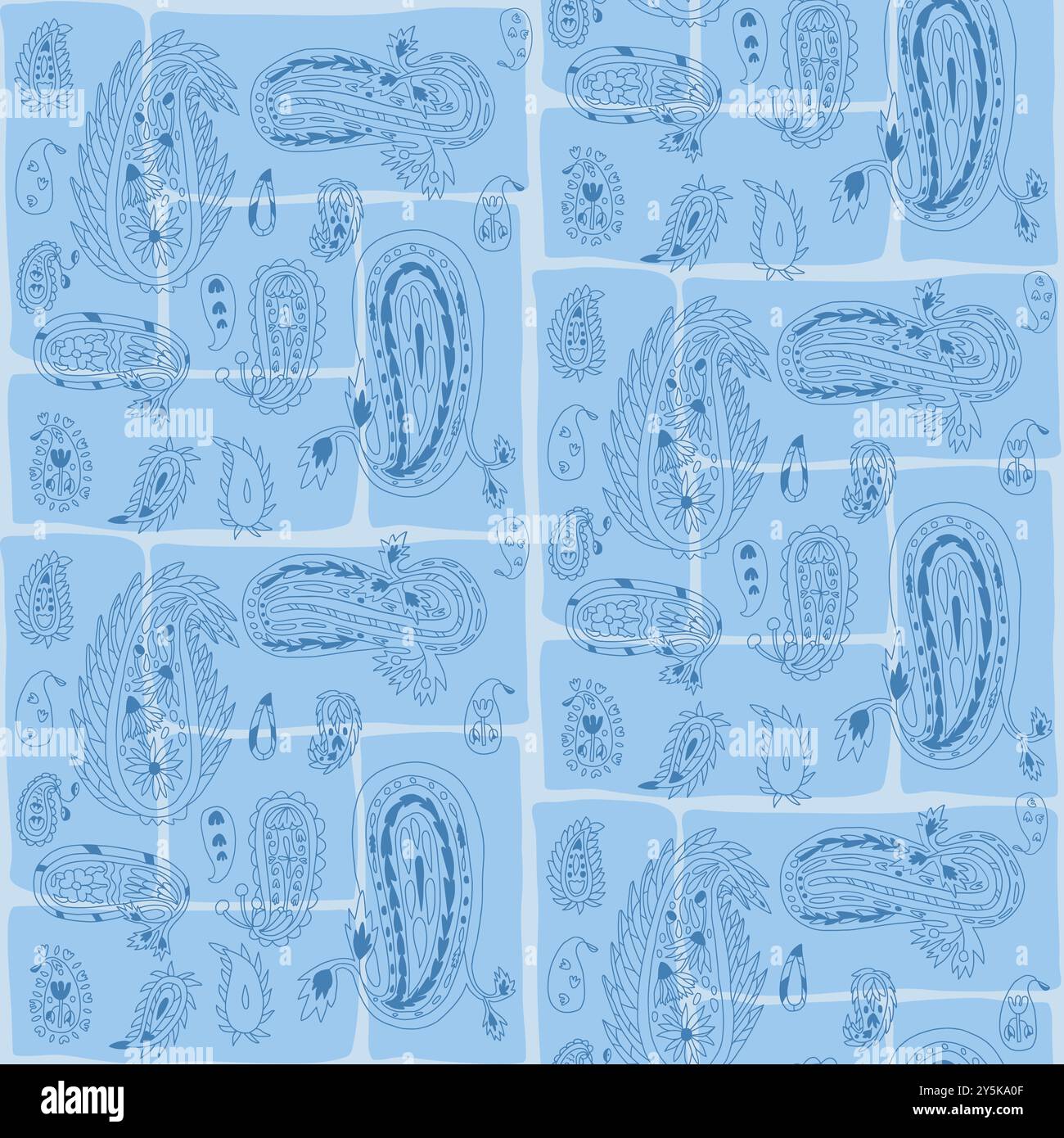 Paisley blue line seamless pattern with various floral and drops ...